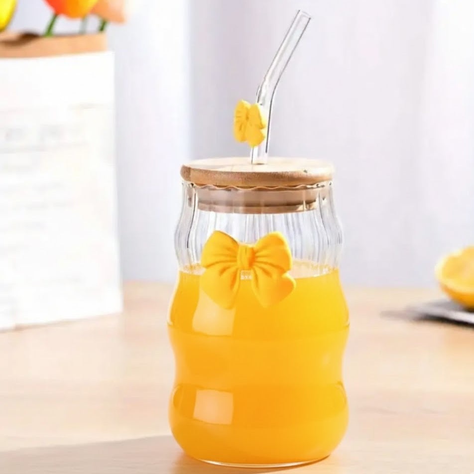 Bow Sipper Glass With Straw & Lid (Random Design & Color ...